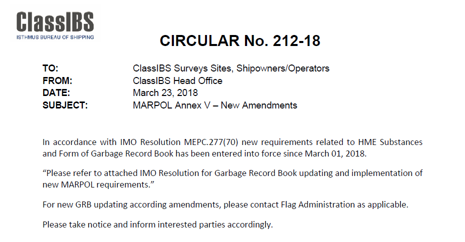 Circular 212-18 MARPOL Annex V - New Amendments Garbage Record Book - 易 ...